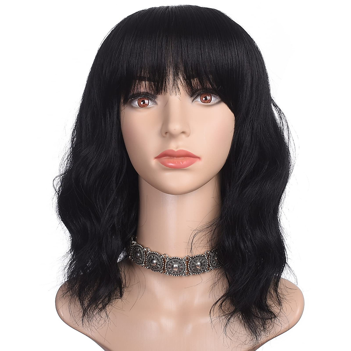 morvally Short Black Wavy Bob Wig with Bangs for Women 16 Inches Natural Synthetic Hair Wavy Wigs