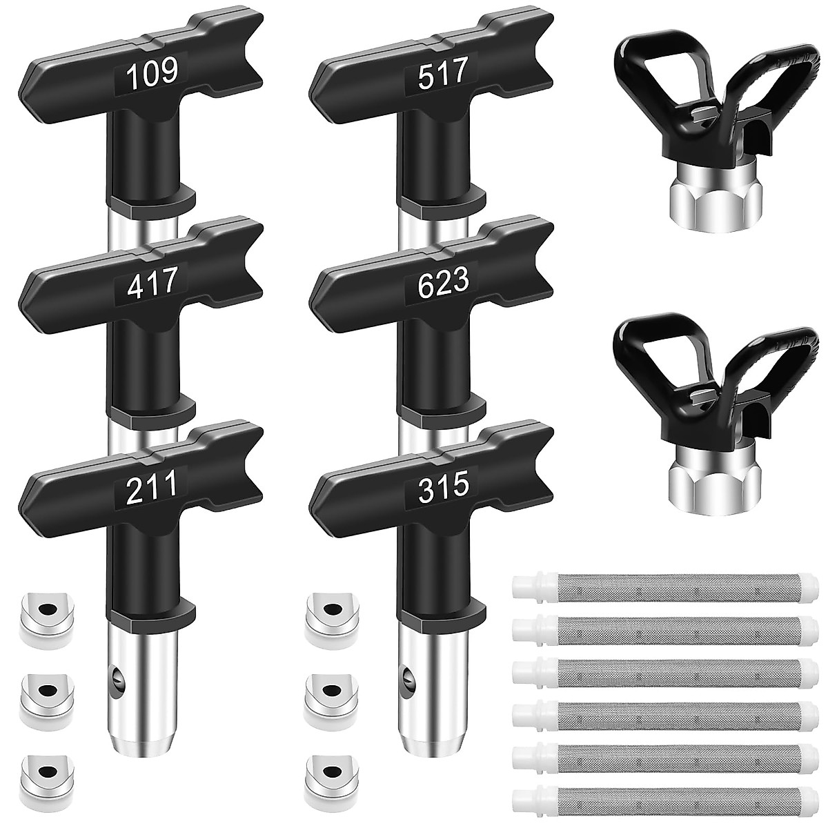 Anglecai 14 Pieces Airless Paint Sprayer Tips Set, 6 Reversible Spray Paint Nozzles, 6 Airless Paint Spray Gun Filters and 2 Nozzle Tip Guards for Airless Spray Paint Machine Parts