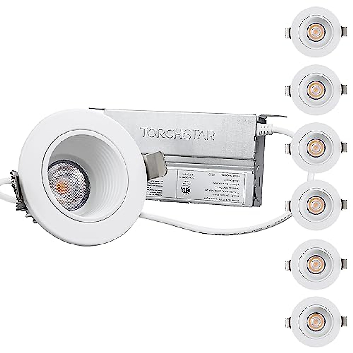 TORCHSTAR 2 Inch LED Recessed Lighting with Junction Box, 600lm CRI90+ Dimmable Anti-Glare LED Downlight, IC Rated, ETL, Energy Star, JA8 & T24 Listed, Baffle Trim, 3000K Warm White, Pack of 6