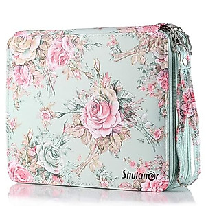 Shulaner 120 Slots Colored Pencil Case with Zipper Closure Large Capacity Green Rose Oxford Pen Organizer Flower Pencil Holder for Artist