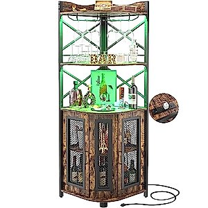 Aheaplus Corner Bar Cabinet with Power Outlet, Industrial Wine Cabinet with LED Strip and Glass Holder, 5-Tiers Liquor Cabinet Bar Unit for Home, Corner Display Cabinet for Small Space, Rustic Brown