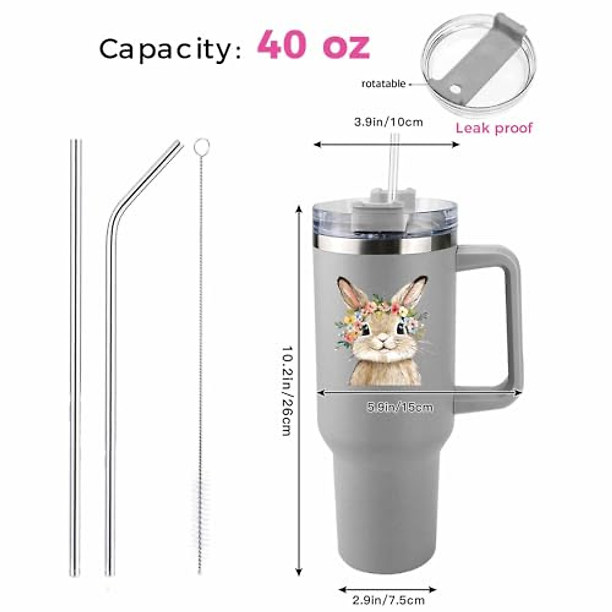 LB LEOBON 40 ounce insulated cup with handle, double-layer vacuum stainless steel material, equipped with straw, can keep warm or maintain cold drinks Easter Rabbit F grey
