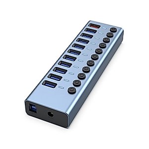 SHYPT Aluminum Alloy 11-Port USB3.0 Splitter 10 Port Computer Extended USB HUB 1 Port Fast Charging External 12V4A Power Supply