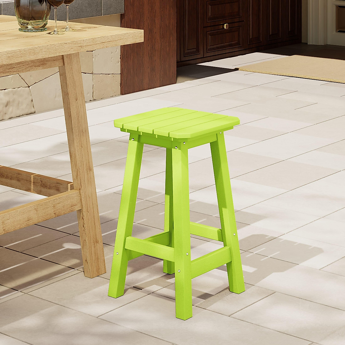 Costaelm 24" Height Outdoor Bar Stools, All-Weather Bar Stools, Adirondack Poly Patio Square Bar Stool for Patio, Deck, Kitchen Counter and Garden, Lime