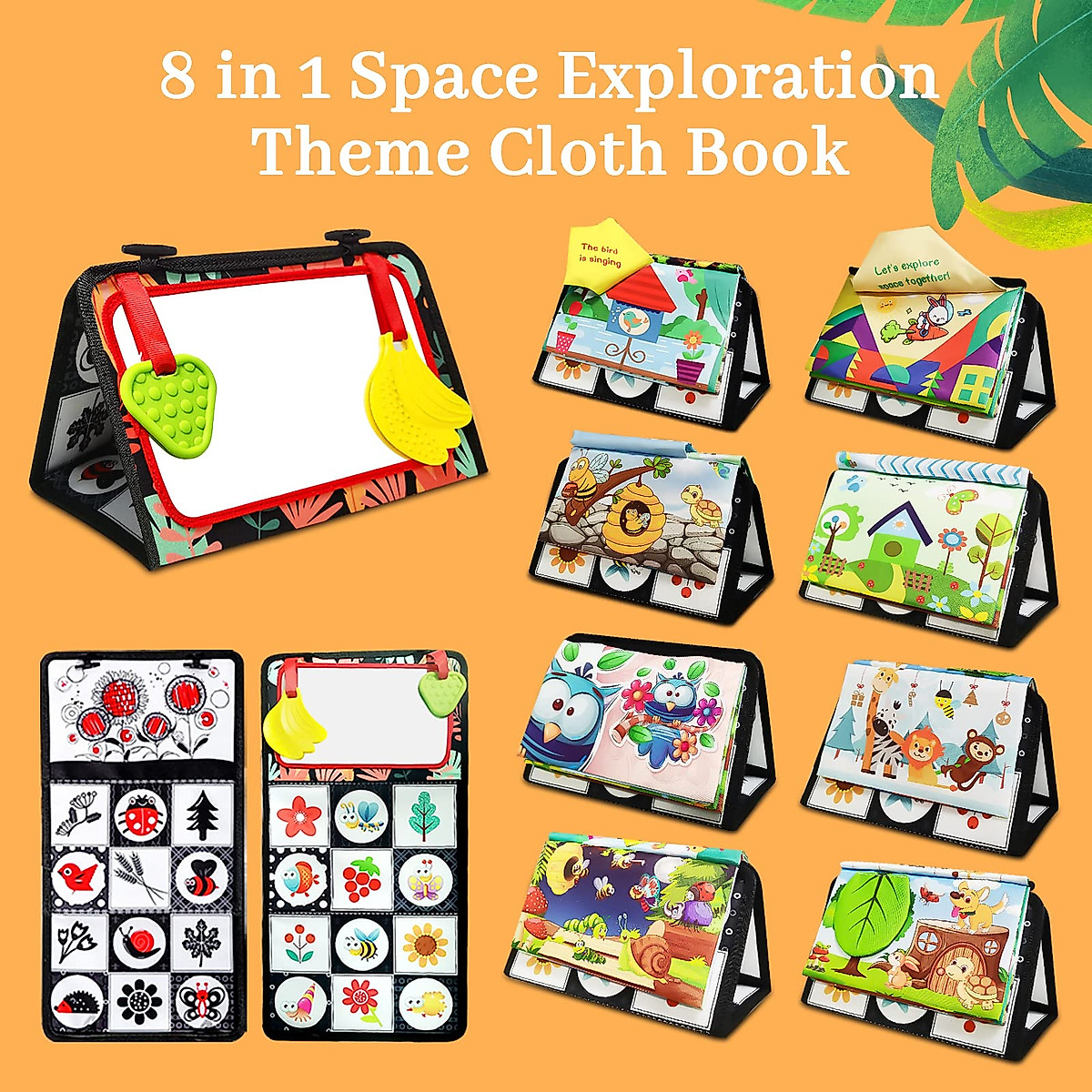 Baby Mirror Tummy Time Floor Toys, High Contrast with Teethers for 0 3 6 12 Month Old Boys, Girls, Infant Baby Play Mirror Development Montessori Sensory Crinkle Soft Books for Crib, Floor, Car, Gift