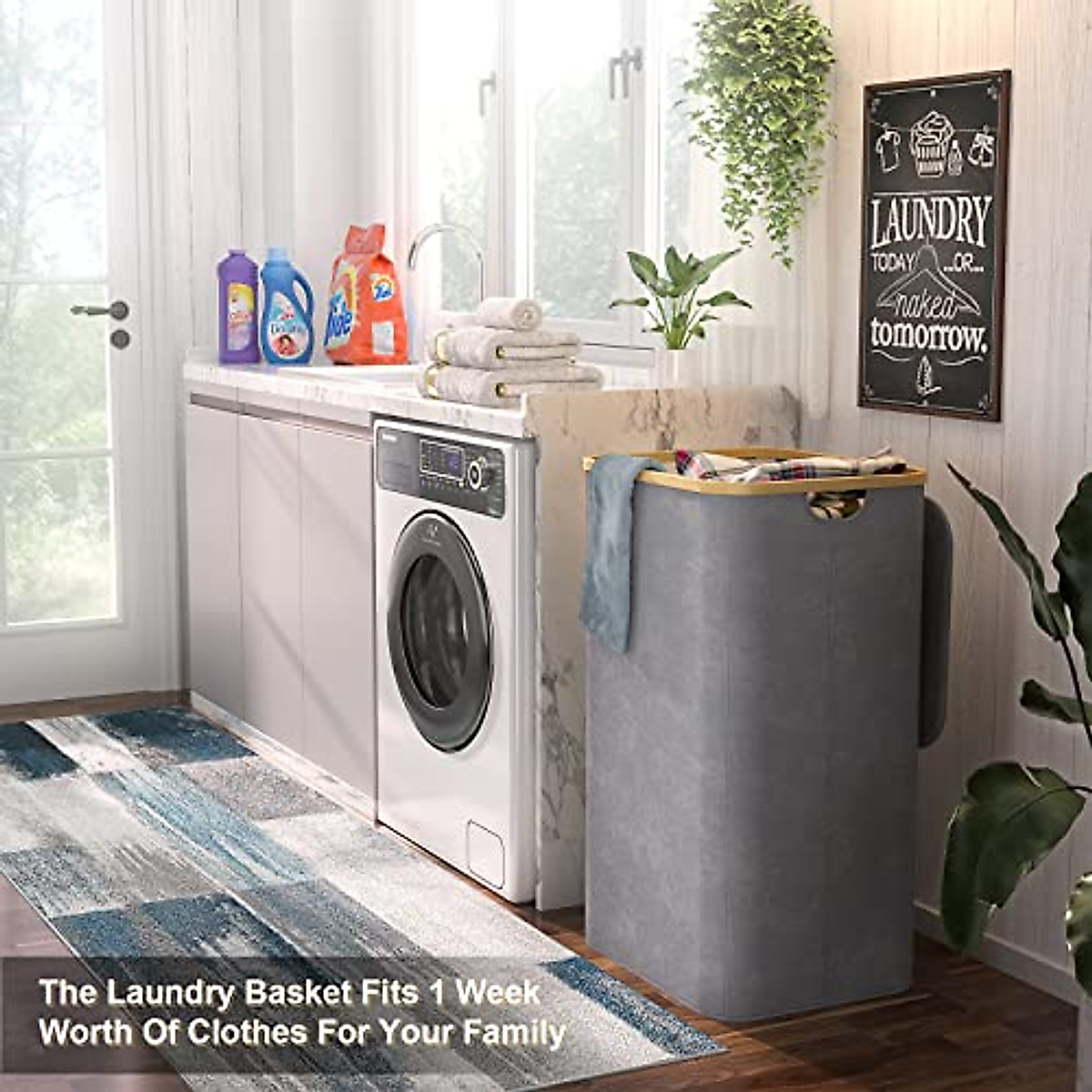 Homykic Laundry Basket with Lid, 97L Large Hamper Clothes Storage Basket with Bamboo Handles, Foldable Tall Laundry Organizer for Dorm, Bathroom, Bedroom, Clothing, Blanket, Light Grey