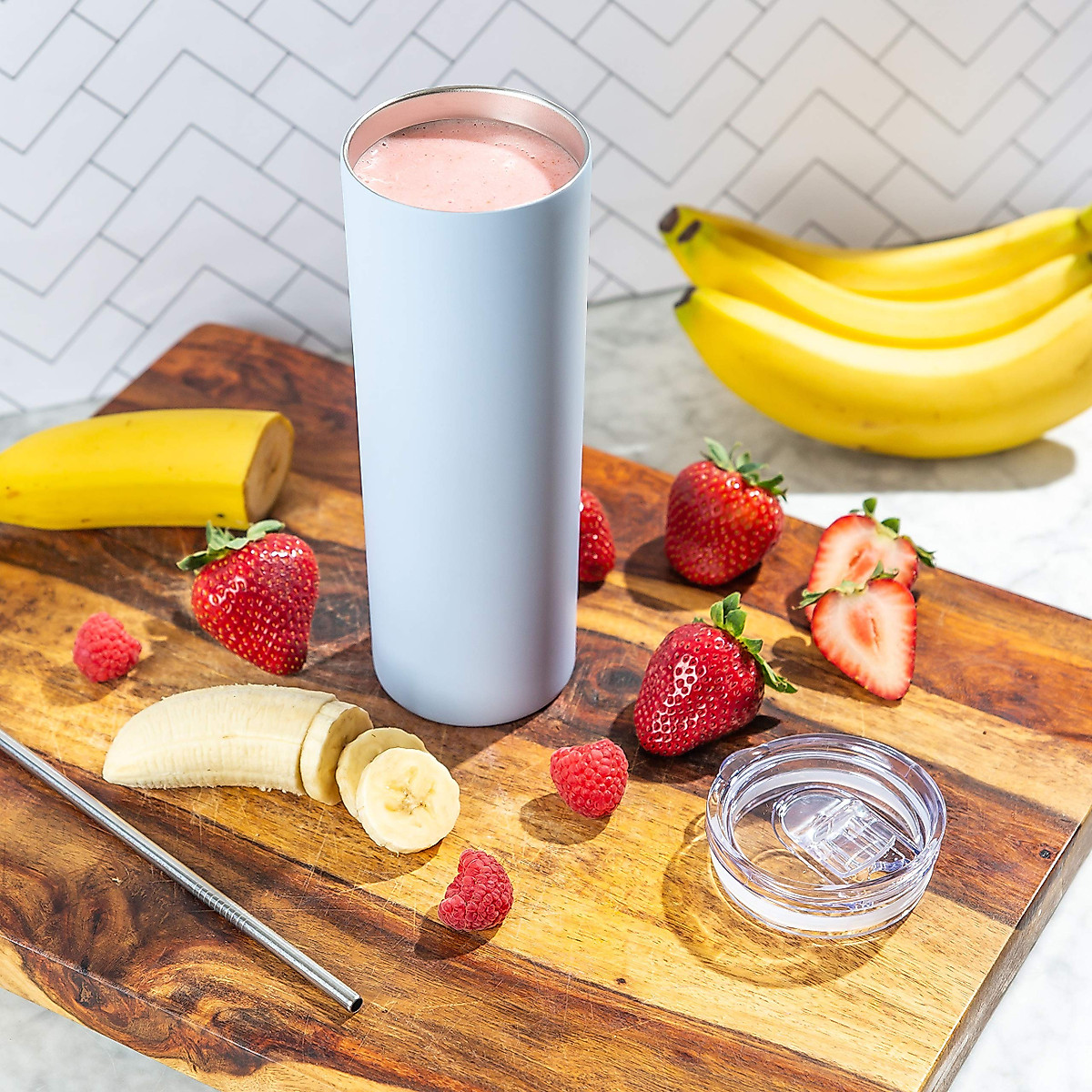 STRATA CUPS Periwinkle Skinny Tumbler with Lid and Straw (4 Pack) - 20 Oz Double Wall Insulated Stainless Steel Slim Tumbler with Straw Cleaner, Reusable Metal Tumbler for Hot and Cold Drinks