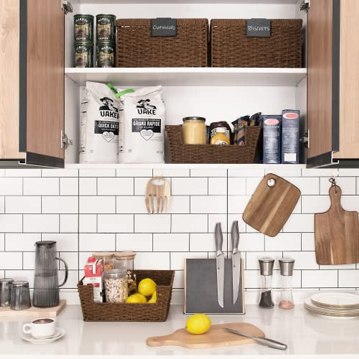 StorageWorks Pantry Storage Basket, Hand-Woven Open-Front Bin with Handles, Brown, 2 Pack