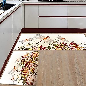 Teamery Kitchen Mat 2PCS, Dragonfly Flowers Kitchen Rugs for Kitchen Organization, Home Decor Anti-Fatigue Kitchen Floor Mats Non-Slip Kitchen Decor Runner Rug, Room Decor Standing Desk Mats