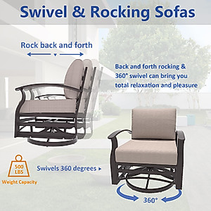 ALAULM Aluminum Patio Furniture Set with Propane Fire Pit Table Metal Outdoor Furniture w/Fire Pit Patio Conversation Sets w/5.1" Cushions and 7 Seats for Patio,Backyard,Poolside-Khaki