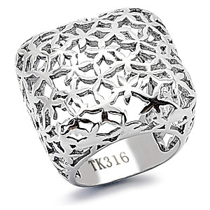 Eternal Sparkles Women's Stainless Steel High-Polished Square Floral Cutout Cocktail Ring - Size 9