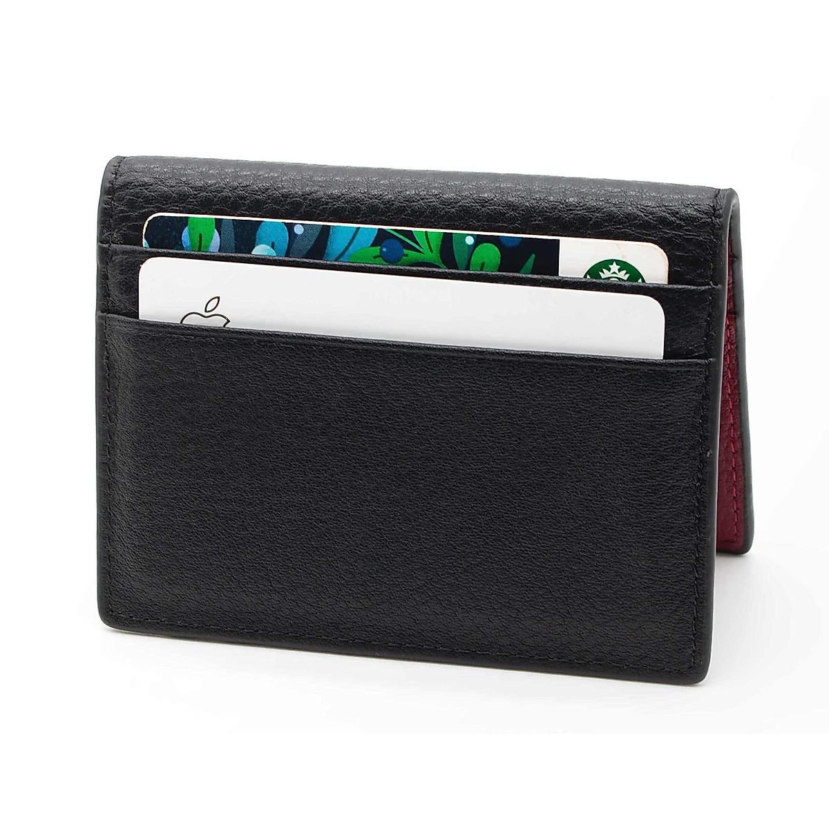 The Tanned Cow- Slim Minimalist Cardholder Wallet for Men Women, Mini Thin Leather Bifold, Compact, Front Pocket Credit Card Holder with RFID Blocking, Gift Box (Bubble leather, Black/Sangria Red)