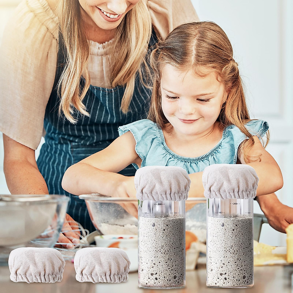 JIEYAO 4 Pcs Sourdough Starter Jar Cloth Covers, Elastic Bread Baking Cloth Cover, Reusable Sourdough Proofing Bowl Cover Breathable Cloth lid/Cap Kombucha Brewing Lids Supplies Fit 3-4 Inch Jar Mouth