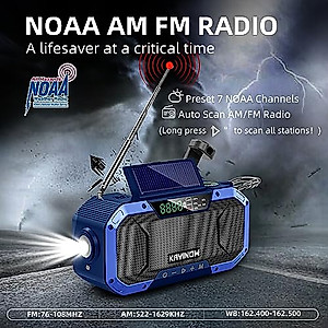 Emergency Radio Hand Crank Solar,Portable AM FM NOAA Weather Digital Radio,Waterproof Wind Up Rechargeable Radio with 5000mAh Battery Power,Flashlight Cell Phone Charger,Reading Lamp,Outdoor Survival