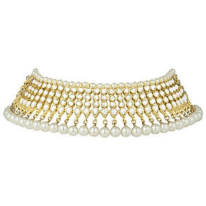 Aheli Ethnic Wedding Wear Faux Kundan Beaded Necklace (White) with Maang Tikka Set Indian Fashion Jewelry for Women