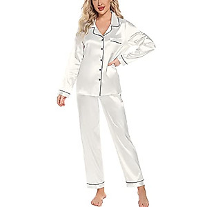 Leikar Silk Satin Pajamas Long Sleeve Pajama Sets For Women Soft Bride Pajamas Sleepwear White