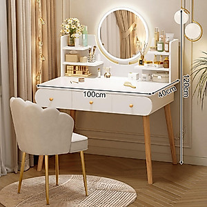 Vanity Set with Lighted Mirror | Makeup Table with Storage Shelf and Drawers | Vanity Desk with Comfortable Chair | 3 Color Lighting Modes Adjustable Brightness