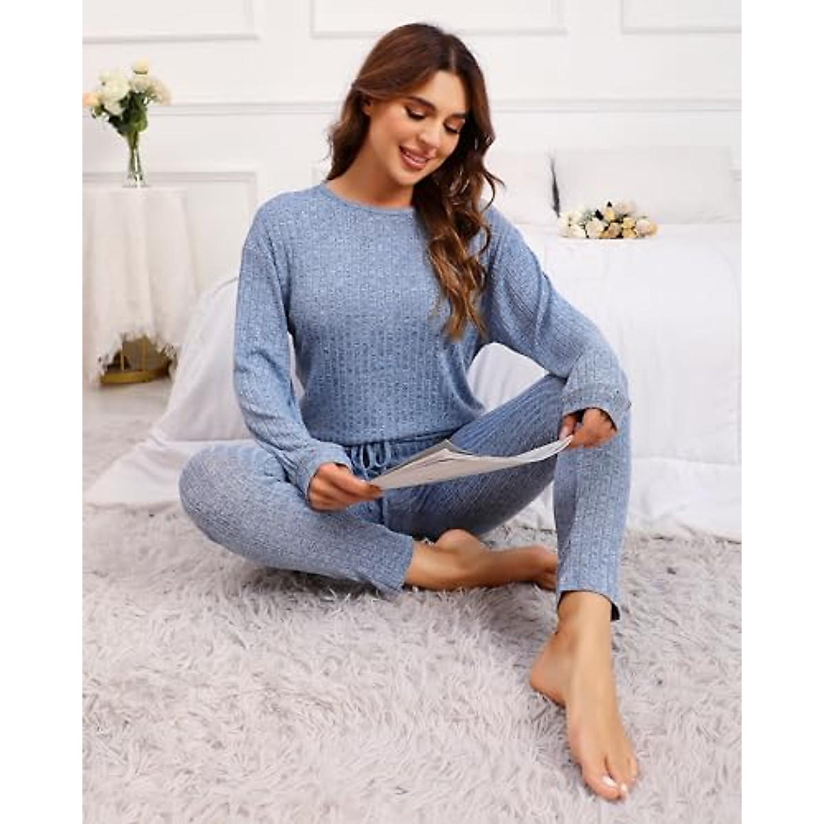difficort Womens Pajama Sets Long Sleeve Pjs Soft Sleepwear Ribbed Knit Lounge Set with Pockets,K-Light Blue,Small