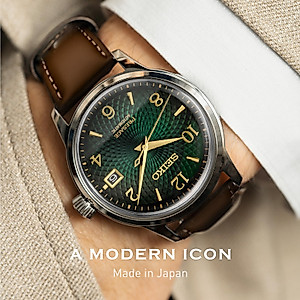 SEIKO SRPE45 Automatic Watch for Men - Presage Cocktail Time - Patterned Green Dial with Golden Numerals and Date Calendar, 50m Water-Resistant