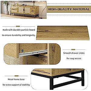 Voohek Boho Stand with Drawers and Adjustable Shelves, Media Console Table for 65 inch Television, Entertainment Center w/Storage Used in Living Room, for 65" TV/Rattan, Natural