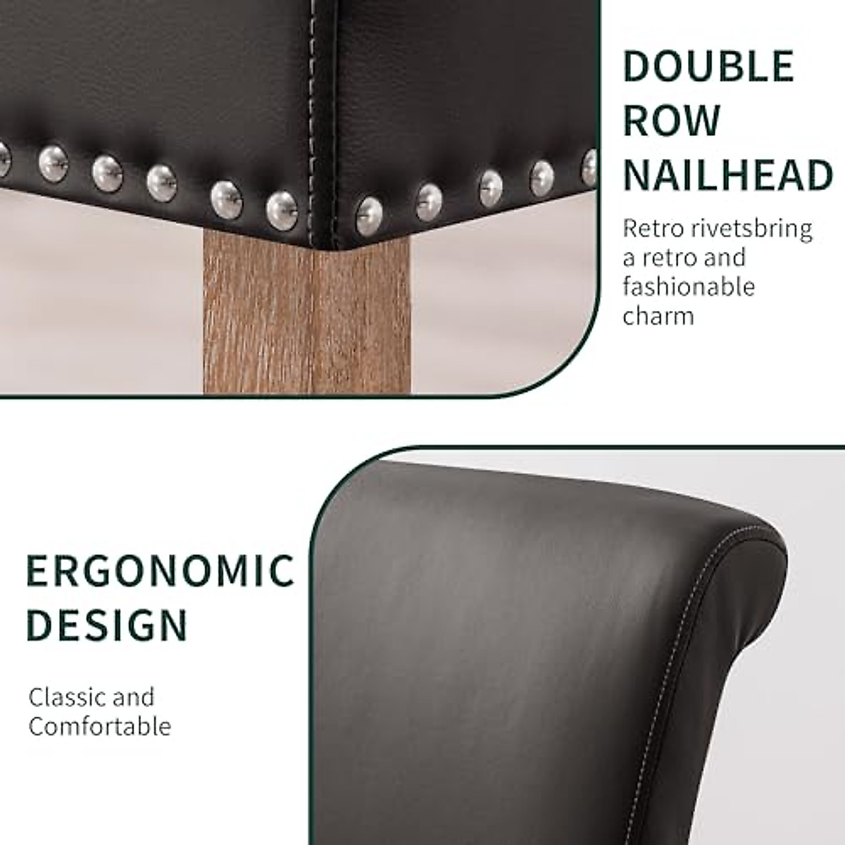 CHUN YI Dining Chairs Set of 2, Upholstered Dining Chair with Nailhead Trim and Wood Legs, Modern Faux Leather Chair for Dining Room, Living Room, Kitchen (Dark Gray)