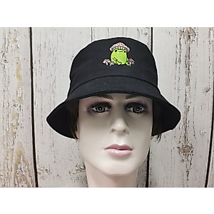 Enodtter Frog with Mushroom Embroidered Bucket Hat for Men Women Girl, Black Summer Travel Fisherman Beach Sun Hat Embroidery Outdoor Cap Unisex