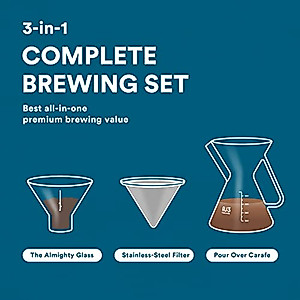 ovalware Pour Over Coffee Dripper Maker - (17oz / 0.5L) Unlock New Flavors with Paperless Stainless Steel Filter, Precision Measuring Cup and Carafe