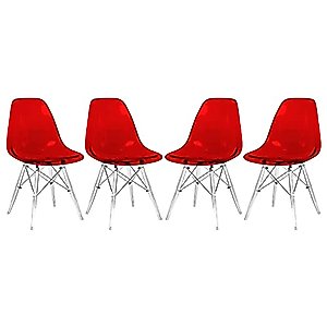 LeisureMod Dover Molded Side Chair with Acrylic Legs Set of 4 Transparent Red