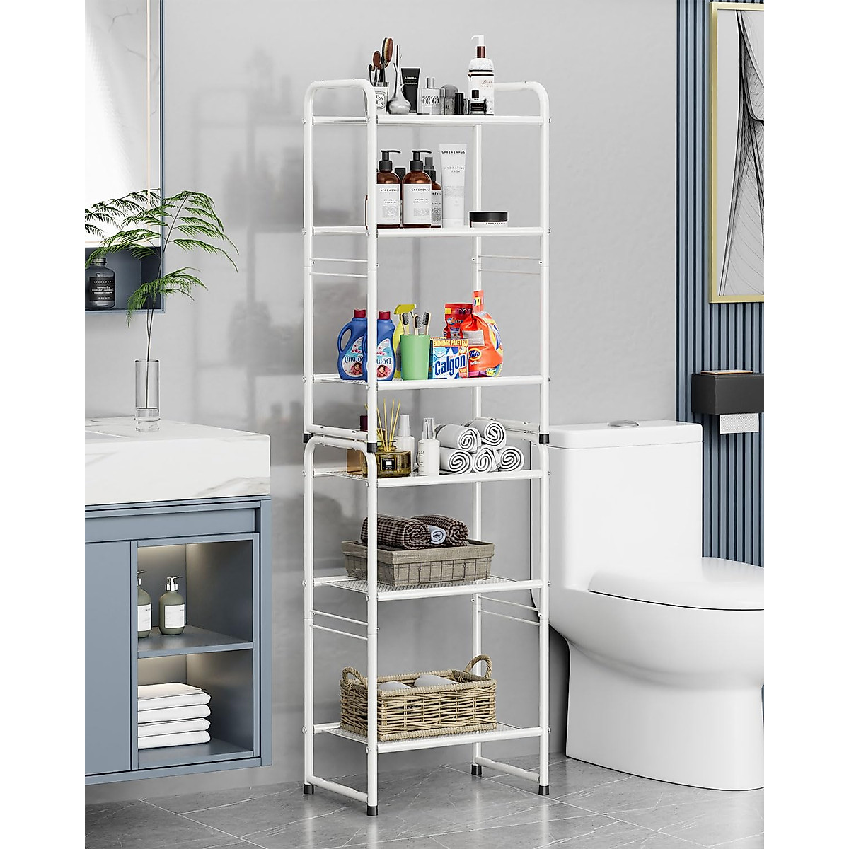 GEORIS 3-Tier Mesh Shelving Unit Outdoor Indoor Waterproof, Stackable Metal Plant Shelf Stand, 17.7-Inch Width Laundry Display Storage Rack, White