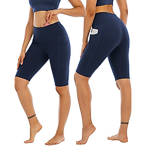 WHOUARE 4 Pack Biker Yoga Shorts with Pockets for Women,High Waisted Athletic Running Workout Gym Shorts Tummy Control,Black,Navy,Dark Gray,Burgundy,L