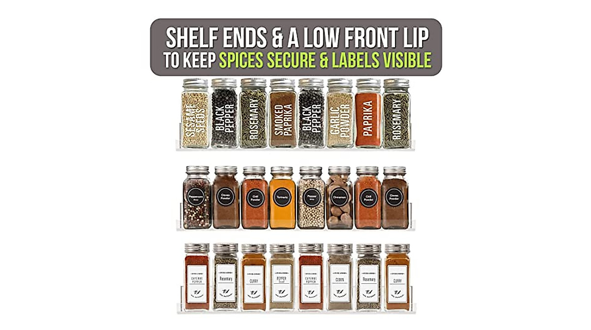 Pretty Display Crystal Clear Wall Mount Spice Rack 3 Pack | Easy Install