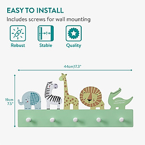 Navaris Kids Coat Hooks Rack - Wooden Hanger Rail with 5 Pegs - Wall Mounted Children's Coat Rack with 5 Hooks - Cute Animals Design