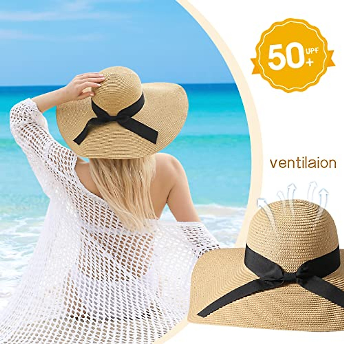 Womens Beach Sun Straw Hat - UV Protection UPF 50+ Sun Hats for Women with Wide Brim, Foldable Floppy Straw Beach Hat for Women