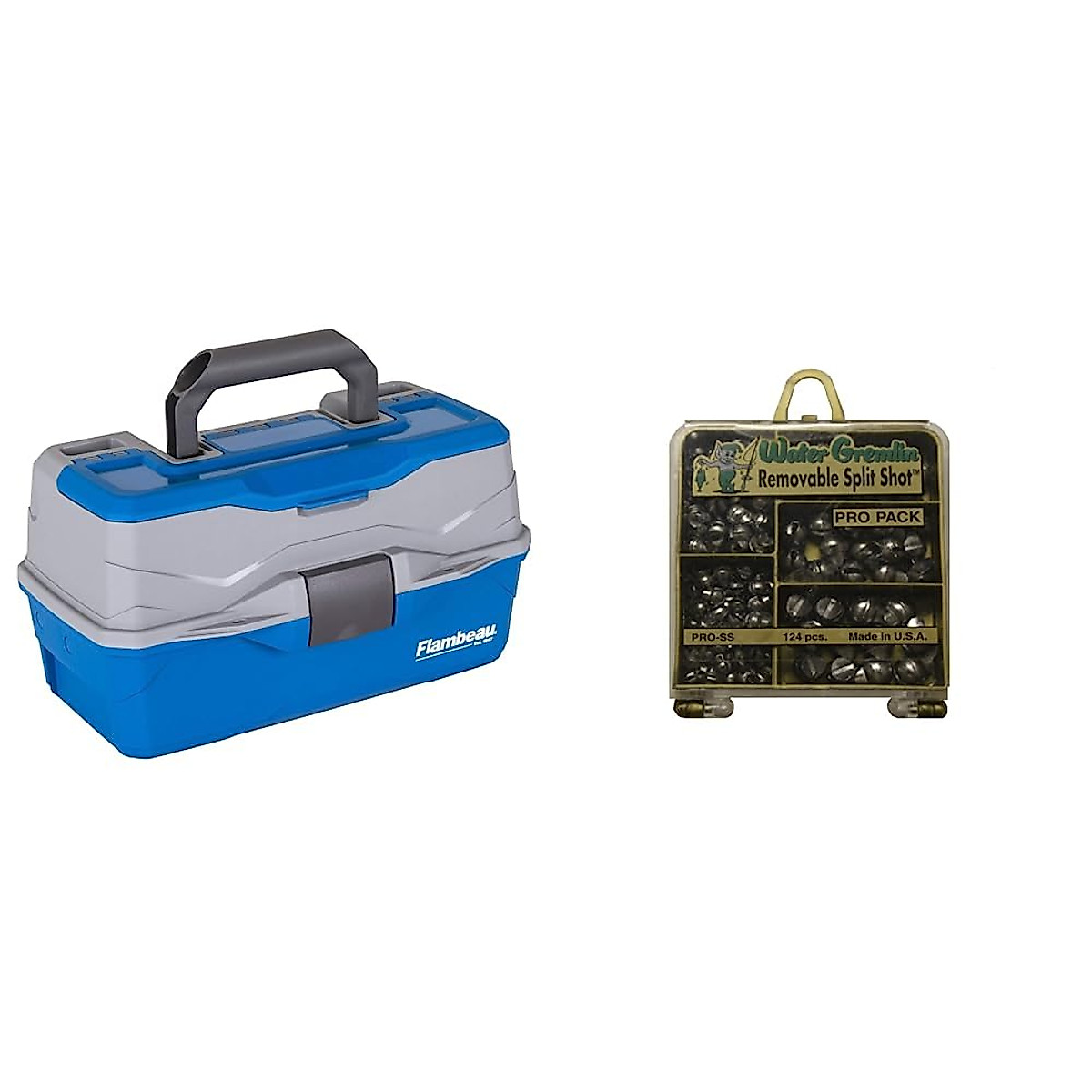 Flambeau Outdoors 6382TB 2-Tray - Classic Tray Tackle Box - Blue/Gray & Water Gremlin Removable Split Shot Pro Pack, 48ea/BB, 36ea/3/0, 16ea/7, 12ea/5, 12ea/4, Multi