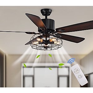 NOXARTE 52 inch Farmhouse Industrial Ceiling Fan with Light and Remote, Vintage Black Cage Fandelier, 5 Reversible Blades Chandelier Fans Light Kit for Bedroom Living Room, Quiet Motor