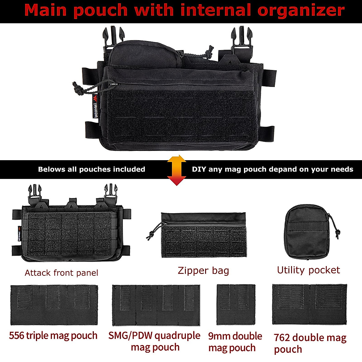 YAKEDA Tactical Chest Mini Rig Vest with Magazine Pouch Adjustable Detachable Laser-cutting Molle Modular Chest Vest (Black)