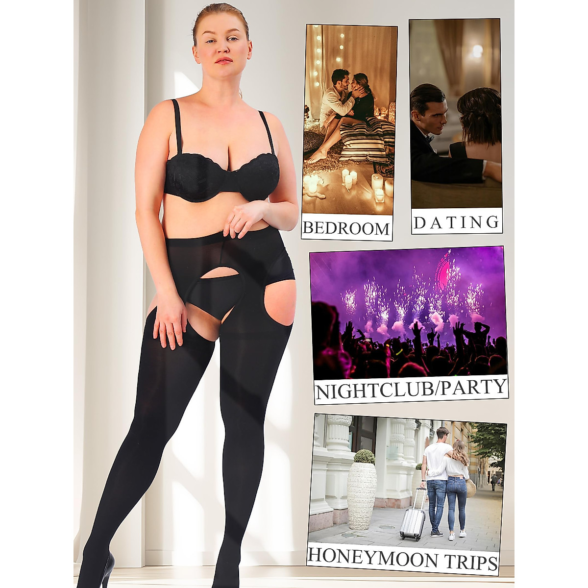 HONENNA Plus Size Suspender Tights for Women, Semi Opaque Sexy Garter Belt Nylons Mock Thigh High stockings, 1 Pair Black M-L