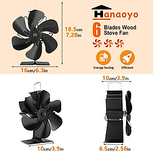 Hanaoyo Wood Stove Fan, 6 Blades Wood Stove Fan Heat Powered, Fireplace Fan with Magnetic Thermometer, Wood Stove Accessories, Non Electric Fan for Wood/Log Burner Stove