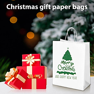 Oikss 50 Pack 10x5x13 White Kraft Paper Bags with Handles Bulk for Birthday Party Favors Grocery Retail Shopping Business Goody Recycled Craft Gift Bags (Large Size, 50 Count)