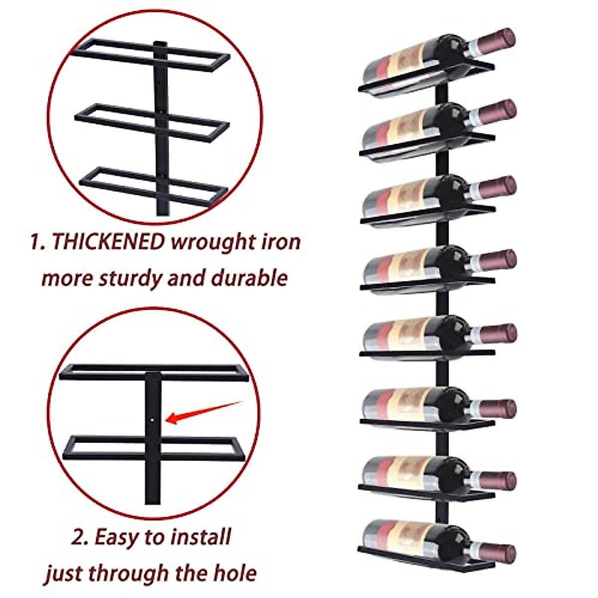 Gdrasuya10 Wall Mounted Wine Rack for 8 Bottles, Wall Wine Rack Wrought Iron Wine Storage Display Holder Rack Wine Bottle Hanging Holder Rack (Black)