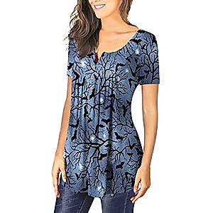 Womens Halloween Tunic Tops for Leggings Short Sleeve Botton Up Blouses Ruched Printed Clothes Casual Fashion T Shirts blue XX-Large