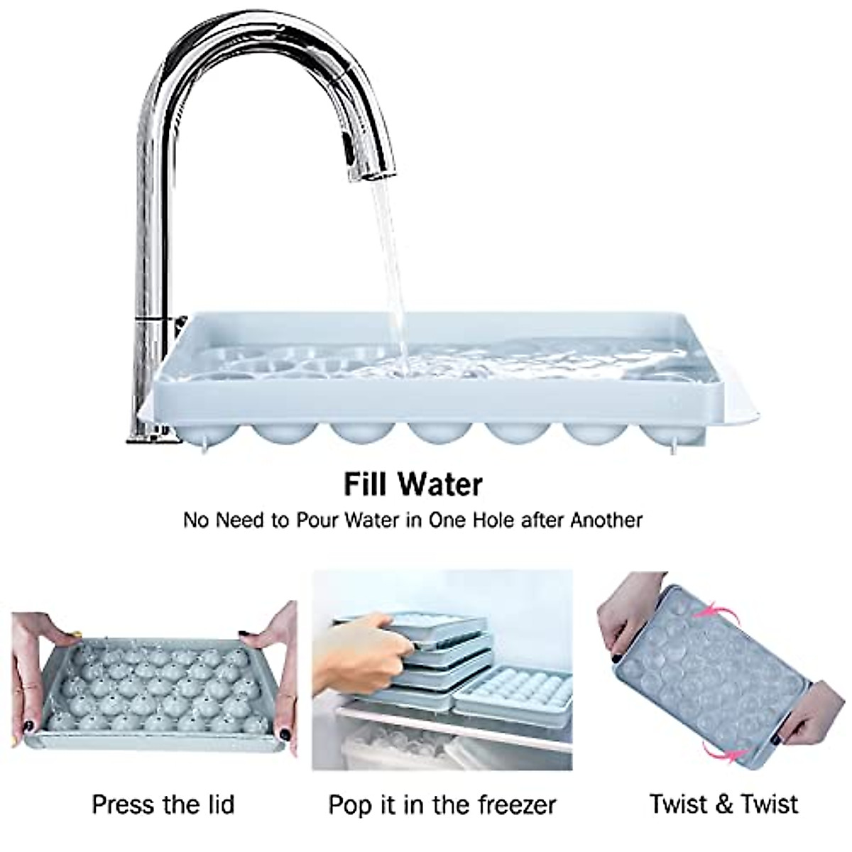 DZHJKIO Round Ice Cube Trays for Freezer with Cover & Bin, 3 Packs 1In Small Circle Ice Ball Maker Mold, BPA Free Ice Tray for Cocktail & Whiskey (3 Sphere Trays & 1 Container & Ice Tongs) (Blue)…