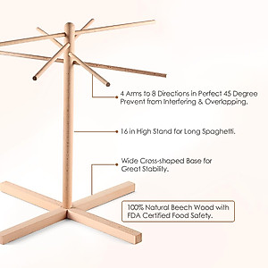 iSiLER Natural Beech Wood Pasta Drying Rack with 8 Branches, Easy to Transfer for Drying Pasta and Spaghetti, Special Suspension Design for Storage