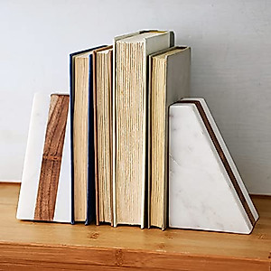 Main + Mesa Marble Geometric Bookends with Wood Inlay, White