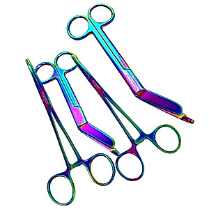 CynaMed German Nurses Doctor Lister Bandage Scissors 7.25" +5.5" + HEMOSTAT Forceps Str +Cvd 5.5" Multi Color Rainbow Color Stainless Steel - (Set of 4)