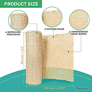 Nimile Cane Webbing Roll 17.5''W x 4Ft, Natural Rattan Webbing for DIY Home Decor Caning Projects, Woven Open Mesh Cane for Furniture, Chair, Cabinet, Ceiling or Ornaments Indoor