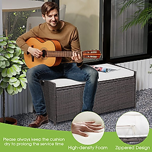 Tangkula 34 Gallon Outdoor Storage Bench with Seat Cushion, Patio Mix Brown Wicker Deck Box with Waterproof Liner and Side Handles, Outdoor Storage Bench for Cushions, Garden Tools, Pool Accessories