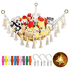 Stuffed Animal Toy Hammock Handmade Macrame Stuffed Animal Net with Photo Clips and Star String Lights, Corner Plush Toys Net Holder Hanging Mesh Toys Net for Nursery Play Room Bedroom