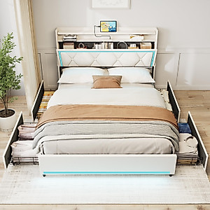 Full Size Bed Frame with Storage Headboard and 4 Drawers, Platform Bed Frame with Charging Station & RGB Lights, Noise-Free, Heavy Duty Wood Slats, No Box Spring Needed, Noise-Free