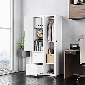 PEUKC Metal Storage Cabinets with Locking Doors, 67" Freestanding Clothing Coat Storage Wardrobe Lockers for Office, Home, School, Garage, Gym (White)
